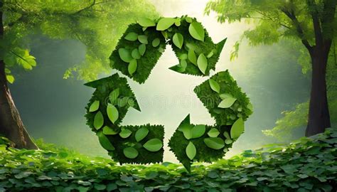 Green Recycling Symbol Made Of Leaves Set Against A Vibrant Forest