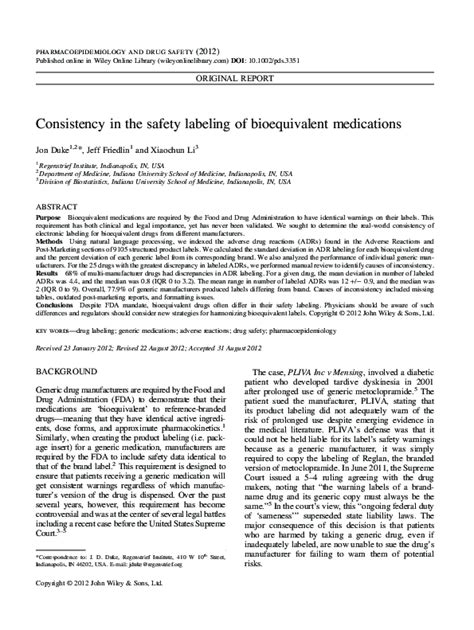 Pdf Consistency In The Safety Labeling Of Bioequivalent Medications