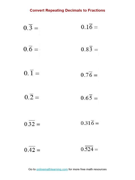 Repeating Decimals Fractions Worksheet Pdf