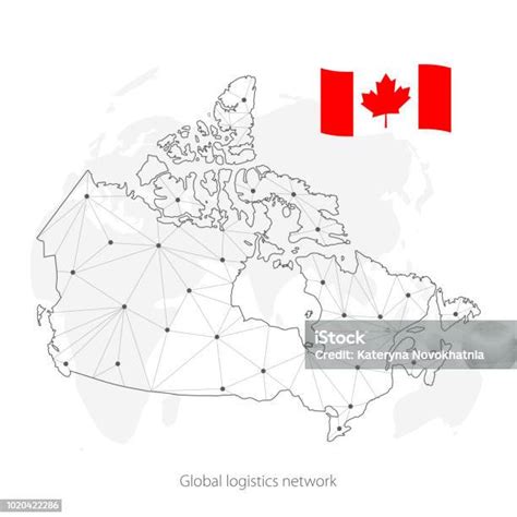글로벌 물류 네트워크 개념입니다 세계 배경에 캐나다의 통신 네트워크 지도 노드와 다각형 스타일과 깃발 캐나다를 매핑하십시오 벡터 그림 Eps10입니다 개념에 대한 스톡 벡터