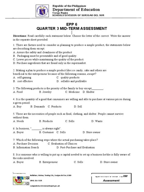 Department Of Education Epp 6 Quarter 3 Mid Term Assessment Pdf