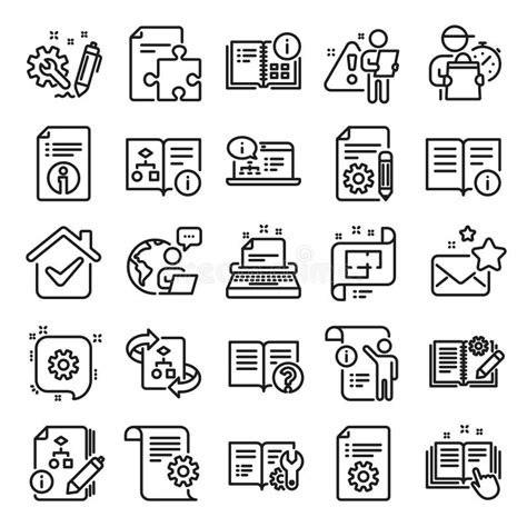 Technical Documentation Line Icons Set Of Instruction Plan And Manual