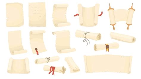 텍스트를 위한 빈 공간이 있는 고대 종이 두루마리 세트입니다 다양한 모양의 마법 파피루스 두루마리 펼쳐진 페이지 리본으로 말려 있습니다 벡터 일러스트 레이 션은 투명한