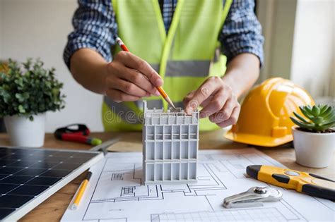 Safety Vest Clad Person Works On Model Solar Panel And Tools Emphasize Focus Stock Illustration