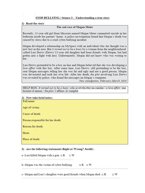 Compréhension écrite Cyber Bullying Et Exercice Pdf