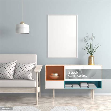 스 칸디 나 비아 스타일 Hipster 인테리어에 포스터 프레임을 비웃는 다 3d 그림입니다 가구에 대한 스톡 사진 및 기타