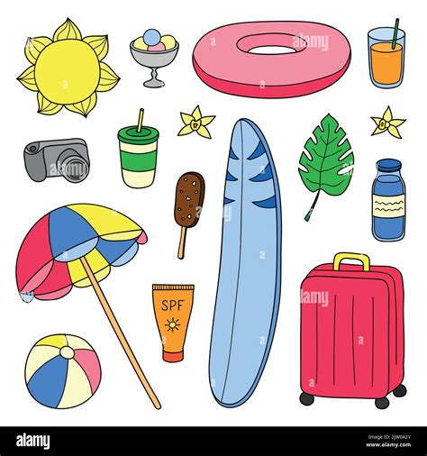 Set Of Hand Drawn Colored Summer And Vacation Items Isolated On White