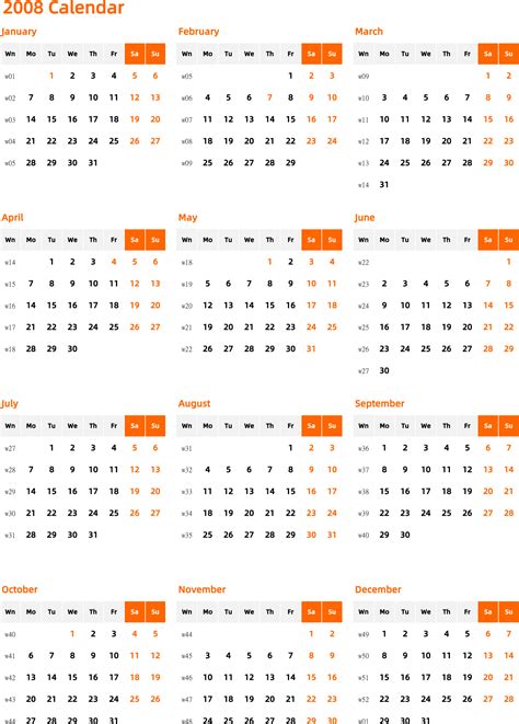 日历表2008年日历 英文版 纵向排版 周一开始 带周数 带节假日调休安排 模板[df008] 日历精灵