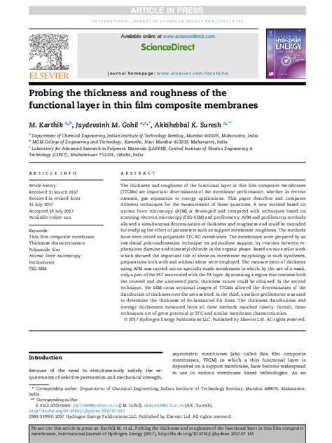 Pdf Probing The Thickness And Roughness Of The Functional Layer In Thin Film Composite Membranes