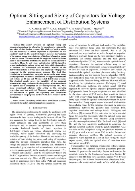 Pdf Optimal Sitting And Sizing Of Capacitors For Voltage Enhancement Of Distribution Systems