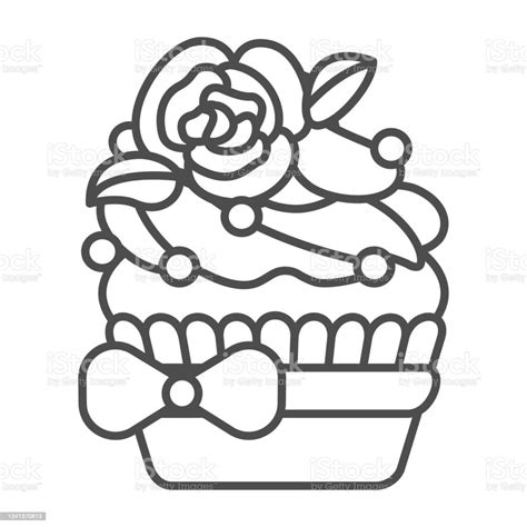 장미 설탕 구슬 뿌리와 활 얇은 라인 아이콘 패스트리 개념 흰색 배경에 머핀 벡터 기호 모바일 개념 및 웹 디자인을위한 윤곽 스타일 아이콘과 컵 케이크 벡터 그래픽 0명에