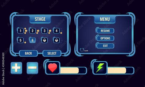 set of rpg game ui board pop up with level selection main screen and
