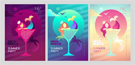 칵테일 글라스에 인어와 함께 화려한 여름 디스코 파티 포스터 세트 여름 배경 벡터 일러스트 레이 션 계절에 대한 스톡 벡터 아트