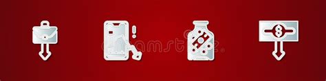 Set Briefcase Mobile Stock Trading Glass Money Jar With Coin And Dollar Rate Decrease Icon