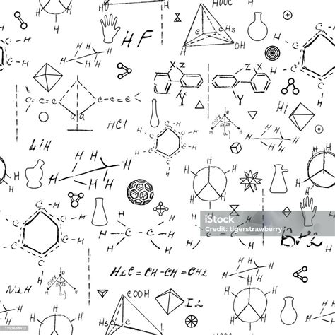 자필 화학 공식 화학 관계 또는 기호 다양한 물질 화합물 원자 분자 및 이온으로 구성된 규칙과 원활한 끝없는 패턴 배경 벡터 검사 보기에 대한 스톡 벡터 아트 및 기타