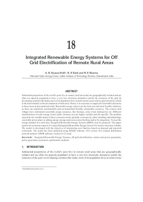 Pdf Integrated Renewable Energy Systems For Off Grid Electrification Of Remote Rural Areas