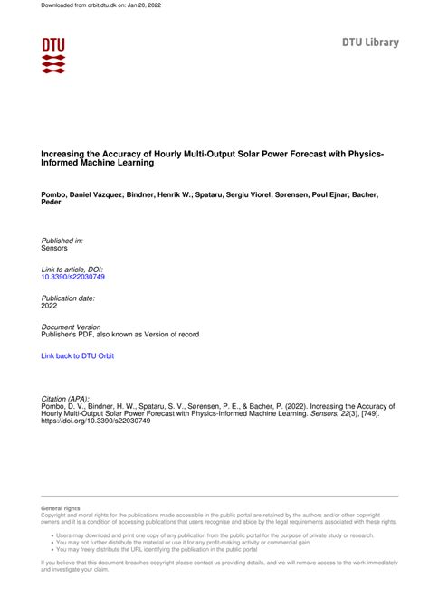 Pdf Increasing The Accuracy Of Hourly Multi Output Solar Power Forecast With Physics Informed
