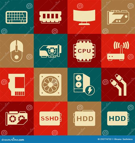 Set Hard Disk Drive HDD LAN Cable Network Internet Router And Wi Fi Signal Computer Monitor