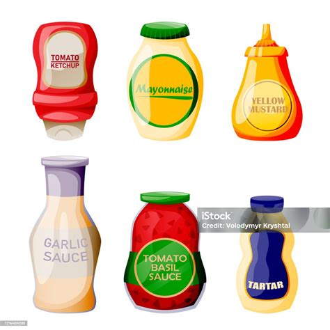 유리 항아리와 병에 소스 아이콘 요리 재료와 조미료 컬렉션 벡터 음식 만화 일러스트 라벨에 대한 스톡 벡터 아트 및 기타 이미지 라벨 샐러드 드레싱 식료품 Istock