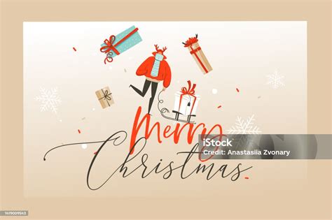 손으로 그린 벡터 추상 재미 메리 크리스마스 시간 만화 그림 인사말 카드 문자로 선물 상자와 휴일 공예 배경에 고립 된 방문