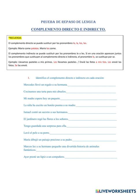 Repaso De Lengua Complementos Directo E Indirecto Y Circunstanciales Online Exercise For Live