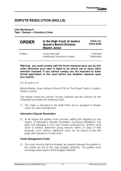 Dis Ws Ce Task Exemplar DISPUTE RESOLUTION SKILLS Unit Workshop Task Sample