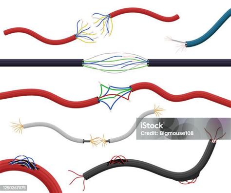 사실적인 상세한 3d 손상된 전기 케이블 세트 벡터 케이블에 대한 스톡 벡터 아트 및 기타 이미지 케이블 단열재 손상 Istock
