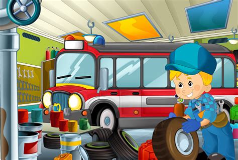 차고 기계 작업 일부 차량소방 자동차수리 또는 직장 청소와 만화 장면 교통수단에 대한 스톡 벡터 아트 및 기타 이미지 교통