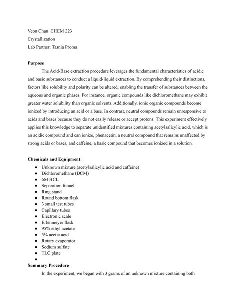 Acid Base Extraction Experiment Veon Chan CHEM Crystallization Lab Partner Tasnia Proma