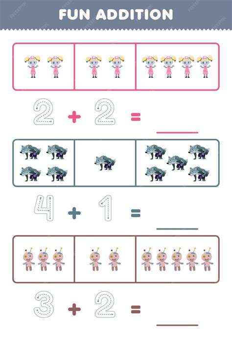 귀여운 만화 좀비 소녀 늑대 인간 부두 인형 인쇄용 할로윈 워크 시트의 수를 세고 추적하여 어린이를위한 교육 게임 재미 추가 프리미엄 벡터