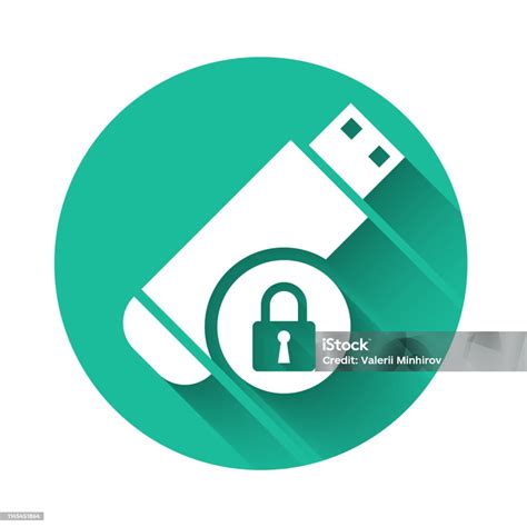 긴 그림자와 고립 된 폐쇄 자물쇠 아이콘 화이트 Usb 플래시 드라이브 보안 안전 보호 개념입니다 녹색 원 버튼을 클릭 합니다 벡터 일러스트 0명에 대한 스톡 벡터 아트 및