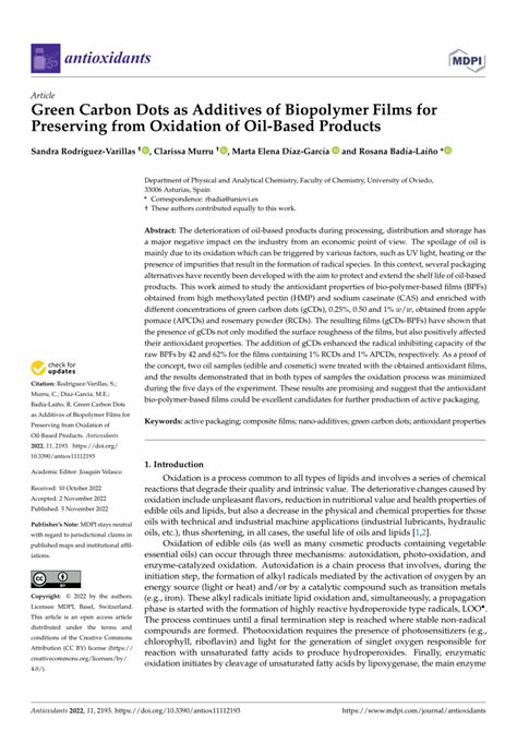 Pdf Green Carbon Dots As Additives Of Biopolymer Films For Preserving From Oxidation Of Oil