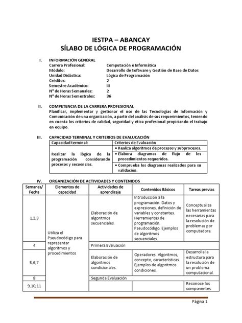 Silabo De Logica De Programacion Pdf Algoritmos Programación De