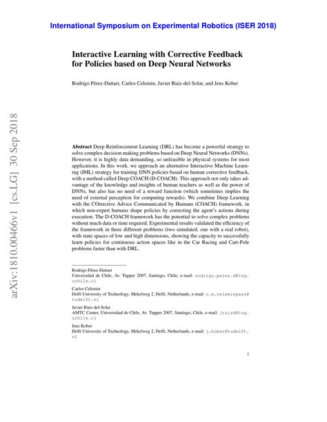 Pdf Interactive Learning With Corrective Feedback For Policies Based On Deep Neural Networks