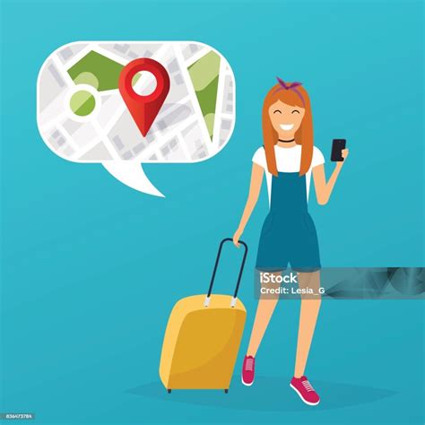 젊은 여자는 도시에 지점 검색 모바일 Gps와 모바일 스마트 폰 들고 현대 평면 창조적인 정보 그래픽 디자인 검색 App 평면 디자인 현대 벡터 일러스트 레이 션 개념에