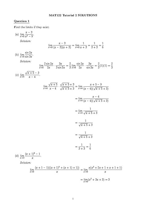 Tutorial Limits Solutions Mat122 Tutorial 2 Solutions Question 1 Find