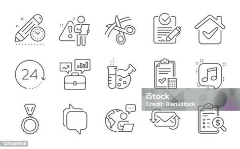 24시간 화학 실험실 및 프로젝트 마감일 아이콘설정 메달 음악 노트 및 회계 체크리스트 표지판 벡터 0명에 대한 스톡 벡터 아트