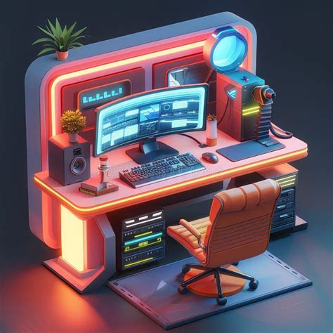 A Computer Desk With A Monitor Keyboard And Mouse Stock Illustration Illustration Of