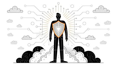 Digital Security Concept With Shield Protecting Figure Amidst Clouds And Circuits Symbolizing