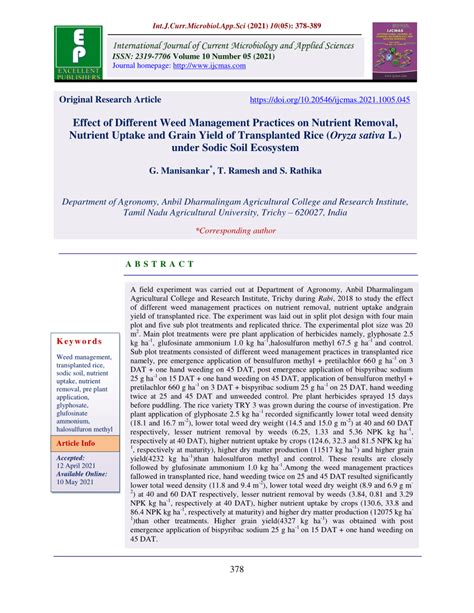 Pdf Effect Of Different Weed Management Practices On Nutrient Removal