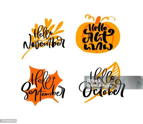 단풍 오렌지 색 배경 벡터 서예 가을 문구의 번들 세트 인사말 카드 격리에 대한 손으로 그린 글자 그림 휴일 추수 감사절에 적합