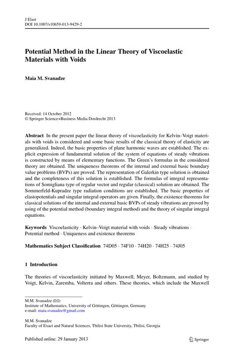 Pdf Potential Method In The Linear Theory Of Viscoelastic Materials With Voids