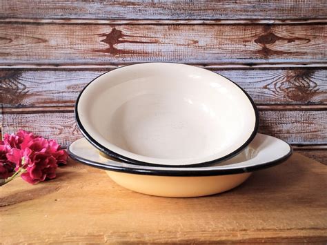 Vintage Yellow Enamelware Bowl And Plate Set Rustic Kitchen Decor Etsy