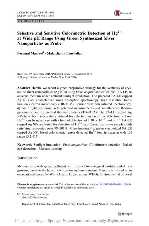 Selective And Sensitive Colorimetric Detection Of Hg2 At Wide Ph Range Using Green Synthesized