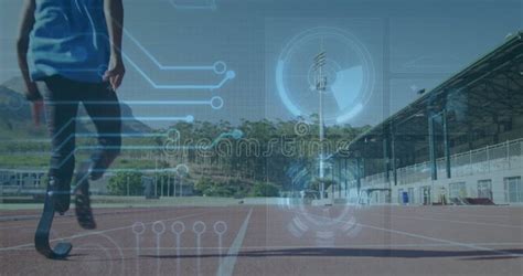 Running Athlete On Track With Digital Circuit And Data Analysis Image Stock Photo Image Of
