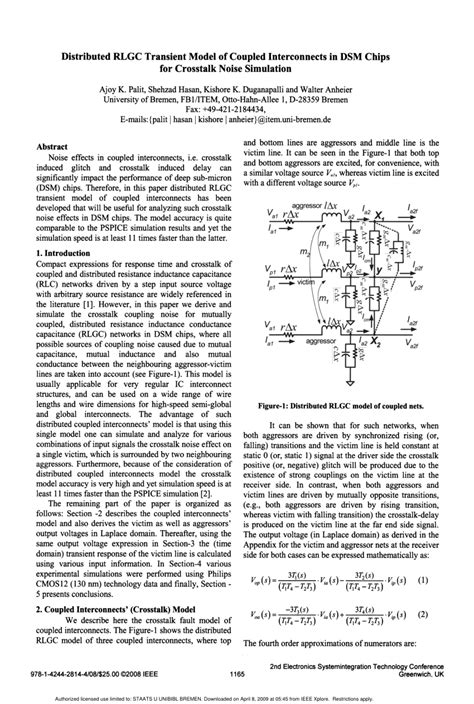 Pdf Distributed Rlgc Transient Model Of Coupled Interconnects In Dsm