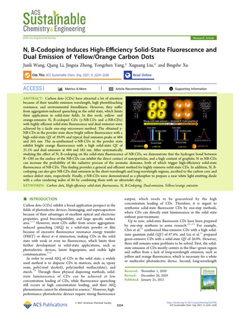 Wang Et Al 2021 N B Codoping Induces High Efficiency Solid State Fluorescence And Dual Emission