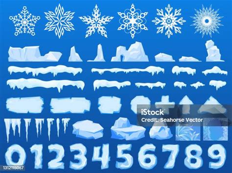 얼음 덩어리 큰 빙산 심한 서리와 눈 디자인 아름다운 눈송이 만화 스타일 벡터 일러스트에 대한 요소를 설정합니다 고드름에 대한
