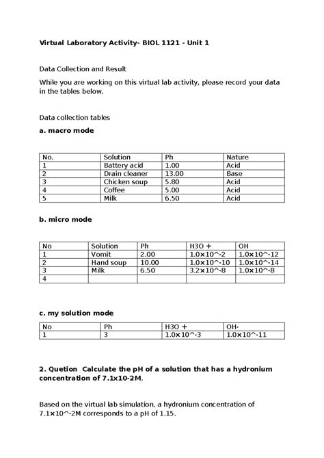 Virtual Laboratory Activity Biol 1121 Unit 1 Data Collection Tables A Macro Mode No