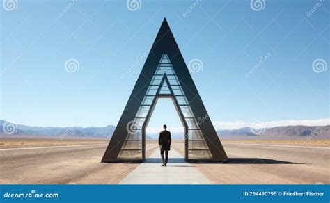 A Man Standing In Front Of A Triangular Structure Generative Ai Image Stock Illustration